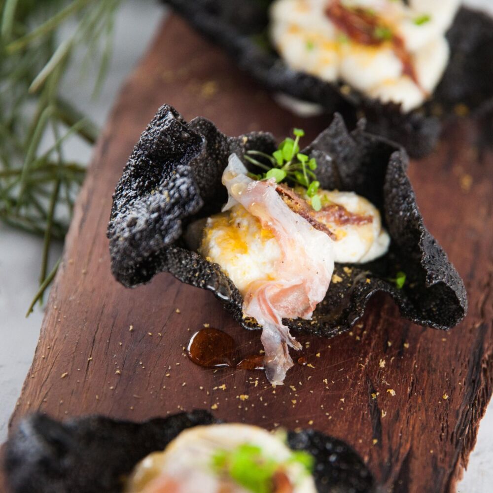 Squid Ink Rice Crisps with Whipped Buffalo Ricotta – Pukara Estate